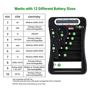 Tenergy T-333 Universal Battery Tester, LCD Display, Cell Checker, Multi-Purpose Small Battery Tester, for AA, AAA, C, D, 9V, CR123A, CR2, CRV3, 2CR5k CRP2, and Button Cell Batteries