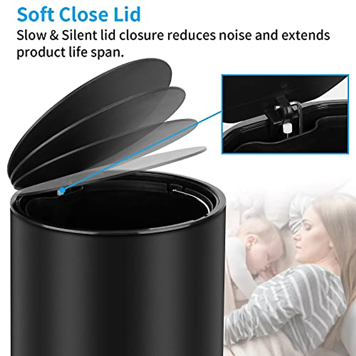 CURIFYPN 8 Liter/2.1 Gallon Small Trash Can with Lid Soft Close, Stainless Steel Step Trash Can,Round Foot Pedal Garbage Can with Removable Inner Wastebasket for Bathroom,Kitchen,Bedroom,Office, Black