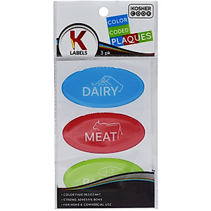 3 Kosher Plaques and Labels – 1 Blue Dairy, 1 Red Meat, 1 Green Parve - Self Adhesive, Color Fade Resistant – Color Coded Kitchen Stickers by The Kosher Cook