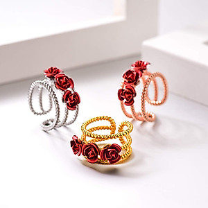 U7 Platinum Silver Statement Ring for Women, 3-Row Band Stacking Red Rose Flower Ring Cocktail Party Jewelry