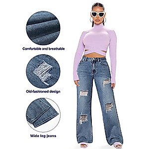 Genleck Womens Ripped Wide Leg Jeans High Waisted Baggy Y2K Distressed Jeans for Women Pants Denim