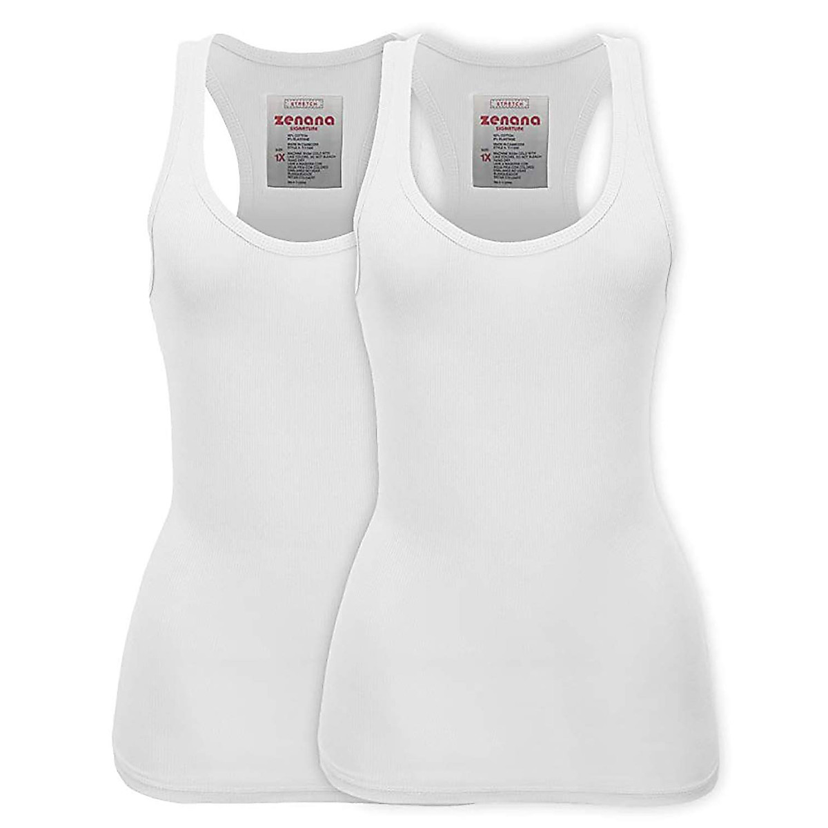 Zenana Women's Plain Solid Color Ribbed Racerback Tank Top Shirt Plus Sizes (X-Large, 2 Pack: White | White)