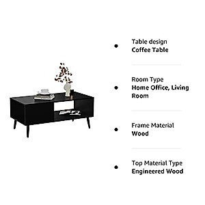 Yusong Modern Wood Coffee Table for Living Room, Retro Mid-Century Center Tables Cocktail Table with Storage Shelf for Reception, Black