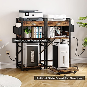 Homeiju 3-Tier Printer Stand with Storage Drawer,Large Tall Printer Table with Power Outlet,Side Pocket and Adjustable Shelf for Home Office,Stand Cart for Computer PC Tower CPU Shredder,Rustic Brown