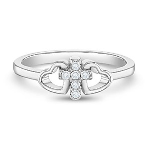 925 Sterling Silver Size 2 Religious Tiny Cross Cubic Zirconia Heart Rings for Infants & Toddlers - Classic CZ Cross & Hearts Ring Bands for Little Girls - Elegant & Shiny Faith Jewelry for Children