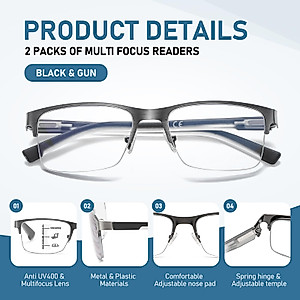 LKEYE Multifocus Reading Glasses Men Progressive Multifocal Blue Light Blocking Computer Reader Half Metal Frame Extra Wide No Line Multi Focus Large Designer Transition Spring Hinge Eyeglasses 1.50x