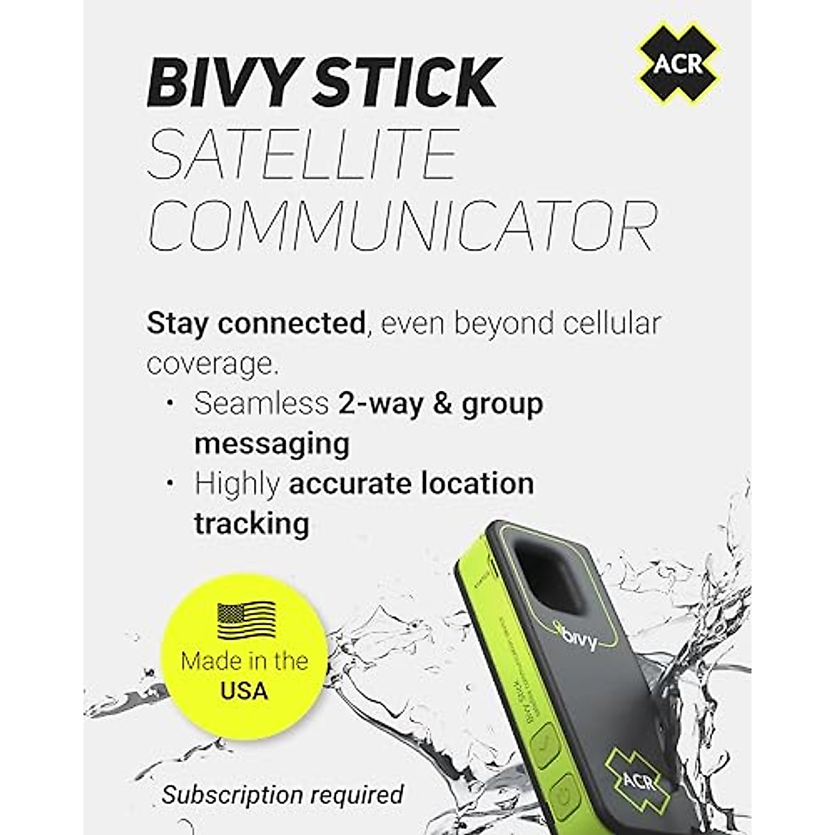 ACR Bivy Stick Satellite Communicator - Two-Way Global SMS, GPS Tracker for Hiking Safety, Off-Grid Communication, SOS Emergency Beacon, Satellite Messenger & Location Sharing - iOS/Android App