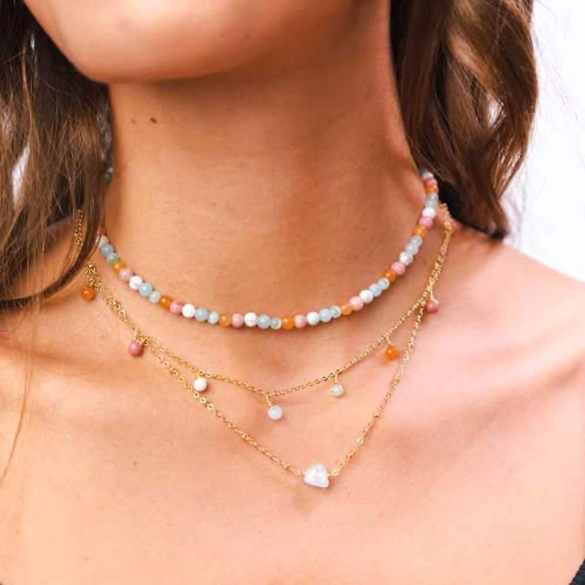 Lotus and Luna Dewdrop Necklace Energy Chakra Healing Stones Dainty Layering Necklace (Jade, Jasper, Amazonite, Quartz, Pearl, Rose Quartz) (Balance + Inner Peace)