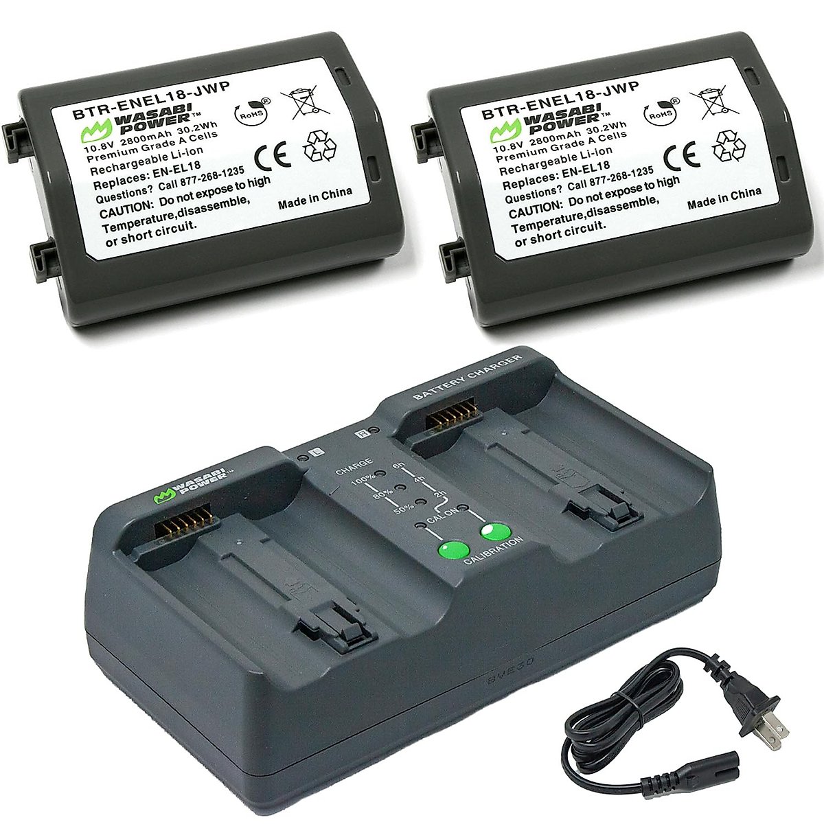 Wasabi Power Battery (2-Pack) and Dual Charger for Nikon EN-EL18, EN-EL18a, EN-EL18b, EN-EL18c and Nikon D4, D4S, D5, D6, D850 (with adapters/Grips)