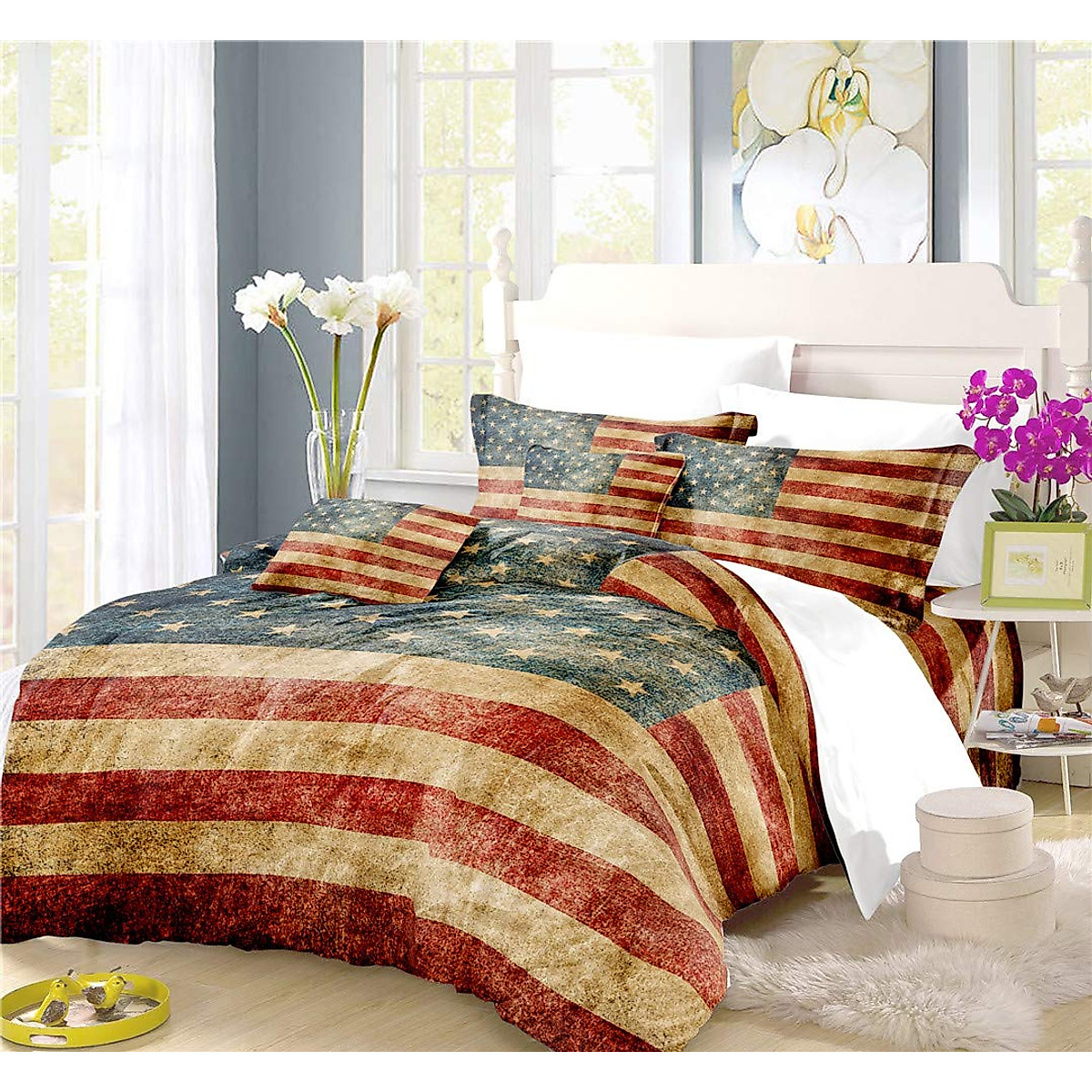 REALIN Vintage Stars and Stripes Duvet Cover Set Rustic American Flag Patriotic Bedding Red White Blue Bed Sets 3/4PCS Quilt Covers/Sheets/Pillow Shams,Twin/Full/Queen/King (I,King-229x259cm-3PCS)