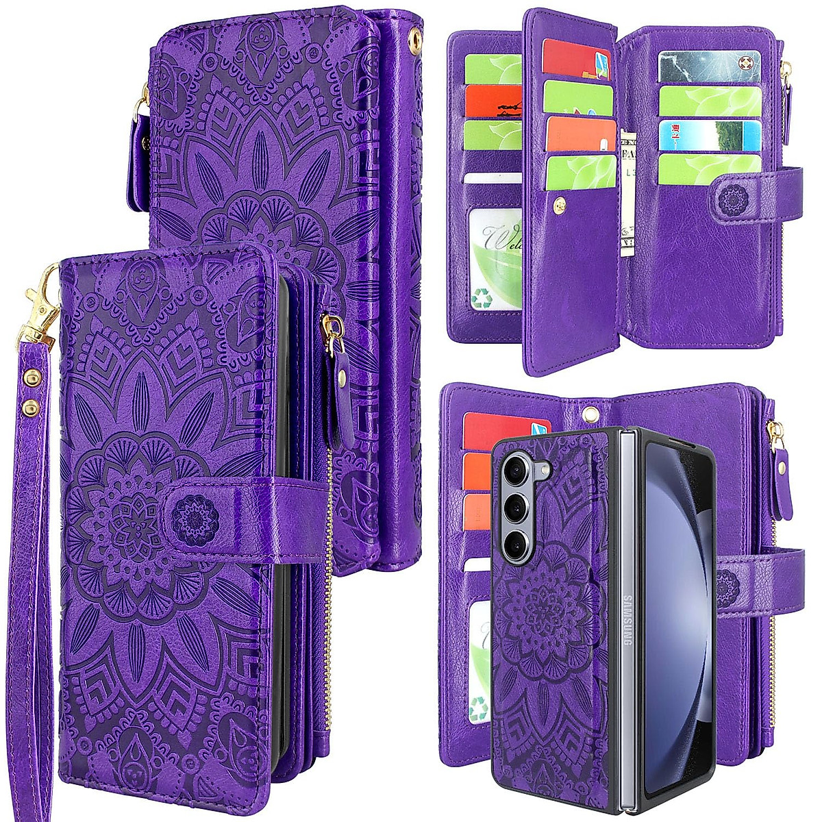 Harryshell Detachable Magnetic Case Wallet with Cash Coin Zipper Pocket 12 Card Slots Holder Wrist Strap Lanyard for Samsung Galaxy Z Fold 5 5G Z Fold5 (2023) (Flower Purple)