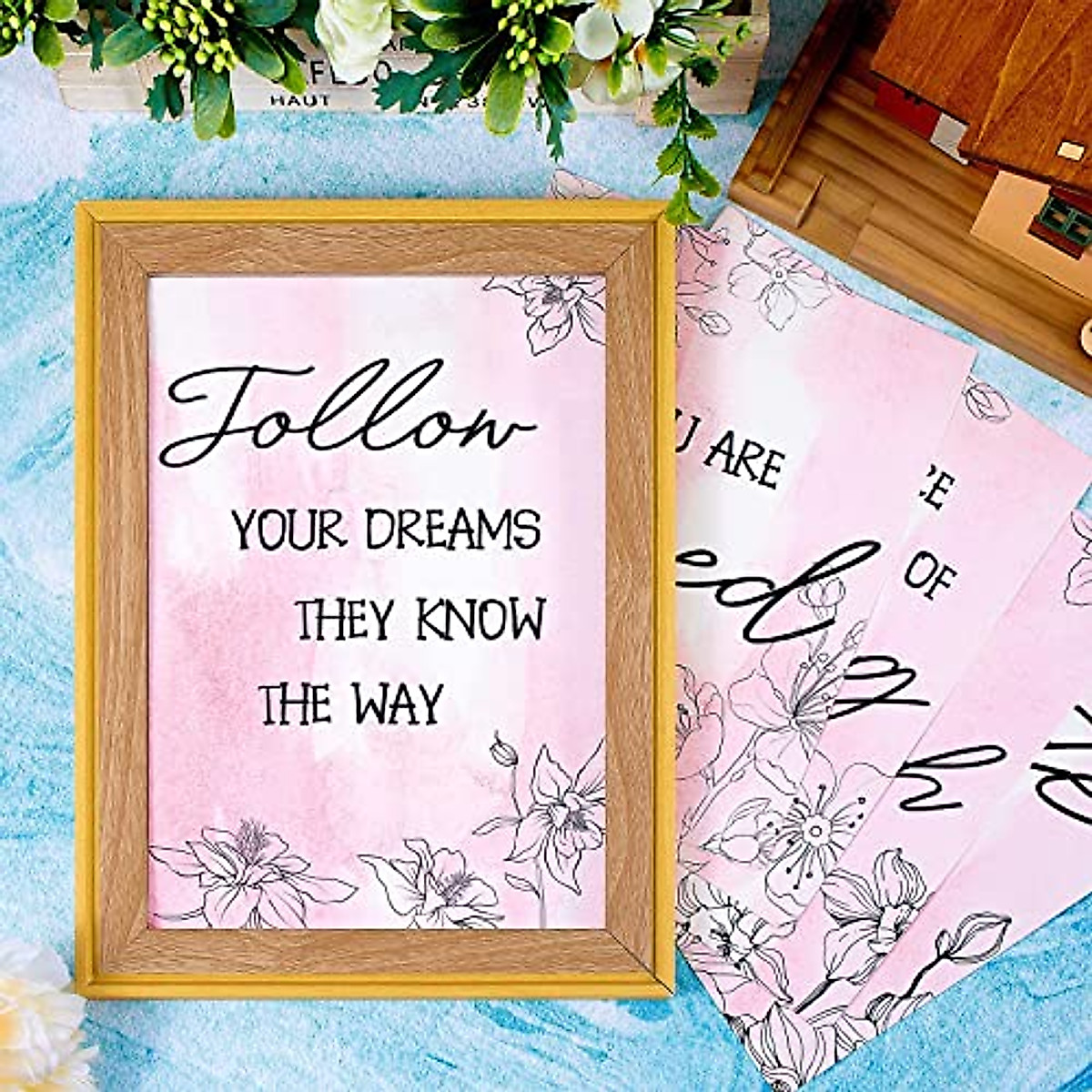 9 Pieces Inspirational Wall Decor Pink Floral Modern Art Motivational Pink Wall Decor Room Decor for Women Quote Wall Art Poster for Teen Girl Nursery Bedroom Bathroom Pictures, 8 x 10 Inch Unframed