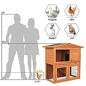 40 Inch Wood Rabbit Hutch 2-Story Rabbit Cage Bunny Hutch Indoor Outdoor Guinea Pig Cage, Small Animal Enclosure with Run Area, Removable No Leaking Tray, Asphalt Roof, Lockable Doors and Ramp