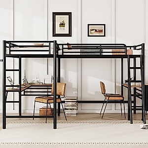 MERITLINE Metal Twin Size L-Shaped Loft Bed, Twin Size Loft Bed Frame with Two Built-in Desks Underneath for Kids Boys Teens, Black