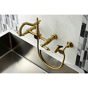 Kingston Brass KS1267ALBS Heritage 8-Inch Centerset Wall Mount Kitchen Faucet with Brass Sprayer, Brushed Brass