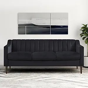IULULU Velvet Sofa, 77 Inch 3-Seater Mid Century Modern Accent Couch, Upholstered Futon with Side Pocket, Wood Legs, Black
