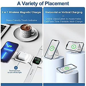Foldable 3-in-1 Wireless Charger with Strong Magnetic Absorption,Travel Charging Station Compatible with iPhone14/13/12 Series,AirPods 3/2/Pro,iWatch(Pearl White)