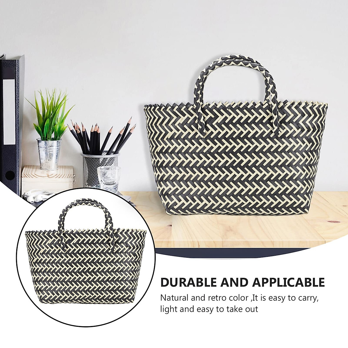 Cabilock Handmade Moroccan Market Basket Large Capacity French Wicker Basket Straw Beach Bag Vegetables Shopping Basket with Handle for Women Shopping Laundry Black