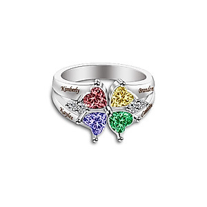 AGISLONE Custom Name Ring for Women Personalized Mom Family Rings with Heart Birthstones for Mother Grandmother Wife (4 stone)