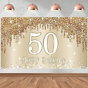 Happy 50th Birthday Banner Backdrop Decorations for Women, Gold White 50 Birthday Sign Party Supplies, Fifty Year Old Birthday Photo Booth Background Poster(72.8 x 43.3 Inch)