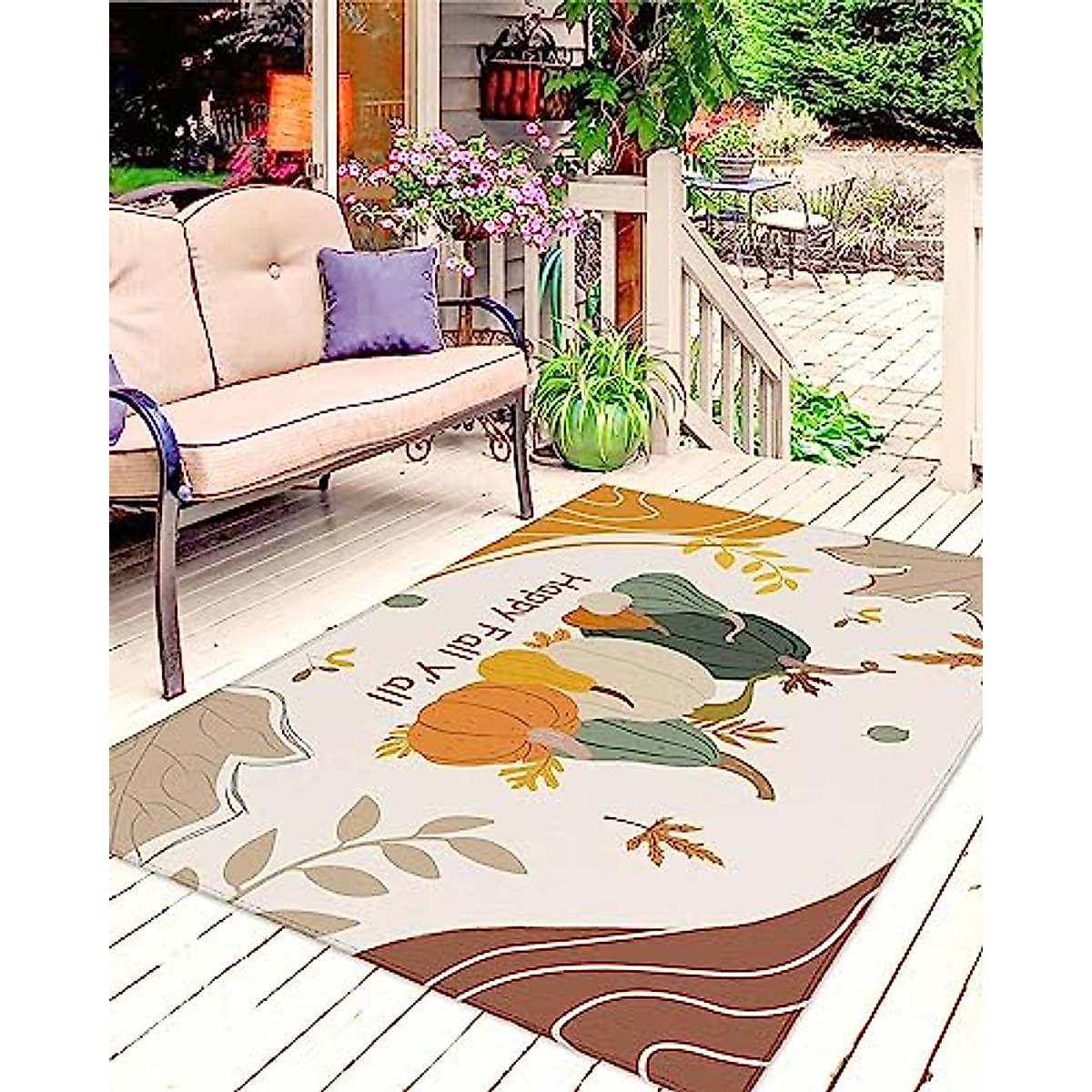 Fall Thanksgiving Outdoor Rug for Patio, Large Floor Mat Happy Y'all Boho Style Pumpkin Non Slip Area Rug Rubber Backing Quick Dry Clearance Carpet for Camping Rugs, Garden, Lawn, Deck, Porch, 6' x 9'