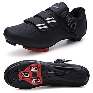 Mens Womens Cycling Shoes Compatible with Pelaton Bike Shoes Road Bike Shoes Riding Pre-Installed with Delta Cleats Clip Indoor Outdoor Pedal Size 10.5 Black