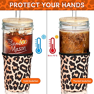 ANOTION Glass Cups with Lids and Straws - 24oz Ice Coffee Cup with Neoprene Sleeve, Drinking Glasses Tumbler Set of 2, Cute Bamboo Mason Jars, Glass Tumbler Travel Cup Smoothie Cup - Gifts for Women