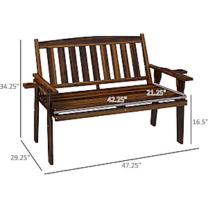BAIVAKON Wood Outdoor Bench, 2-Person Garden Bench with Cupholder Armrests, Slatted Seat and Backrest, Park Bench for Patio, Porch, Lawn, Deck, Carbonized