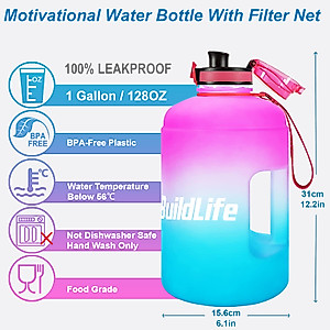BuildLife Gallon Water Bottles with Times to Drink - Gallon Water Jug - 1 Gallon Water Bottle–128 oz Water Bottle,One Gallon Water Bottle with Time Marke for Gym(Pink Blue)