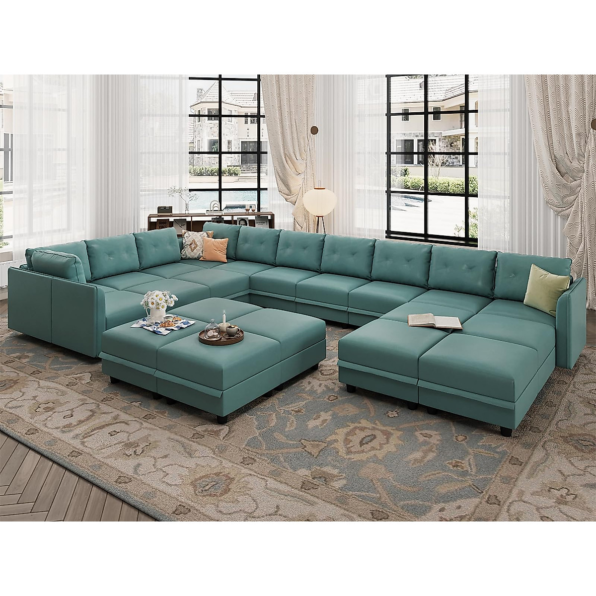 LLappuil Oversized Modular Sofa 21 Seater Sectional Couch with Storage, Large Faux Leather Fabric Waterproof U Shaped Sectional Couch for Living Room, Aqua Blue