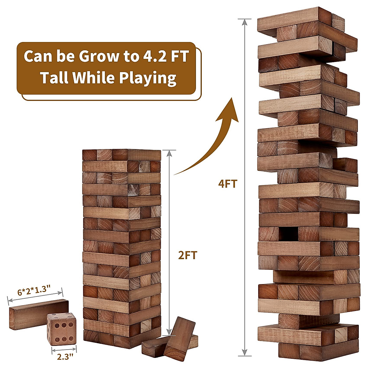 ApudArmis Giant Tumble Tower (Stack from 2Ft to Over 4.2Ft), 54 PCS Pine Wooden Stacking Timber Game with 1 Dice Set - Classic Block Giant Outdoor Game for Teens Adults Family(Brown)