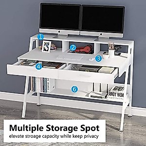 Tribesigns Computer Desk with Storage Shelf & Drawers, Modern 47 inch Office Writing Desk Study Table with Monitor Stand Riser for Home Office Use (White)