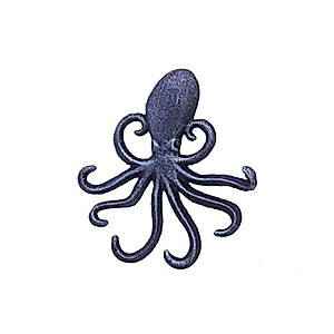 Handcrafted Nautical Decor Rustic Dark Blue Cast Iron Wall Mounted Decorative Octopus Hooks 7" - Cast Iron