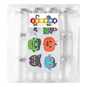 JAPBOR Halloween Candy Jars Containers - 14PCS Halloween Small Plastic Cookie Candy Jar with Lid Pumpkin Ghost Sticker Decoration, DIY Sugar Storage Dish Craft, Halloween Party Favor Gift Bottle Decor