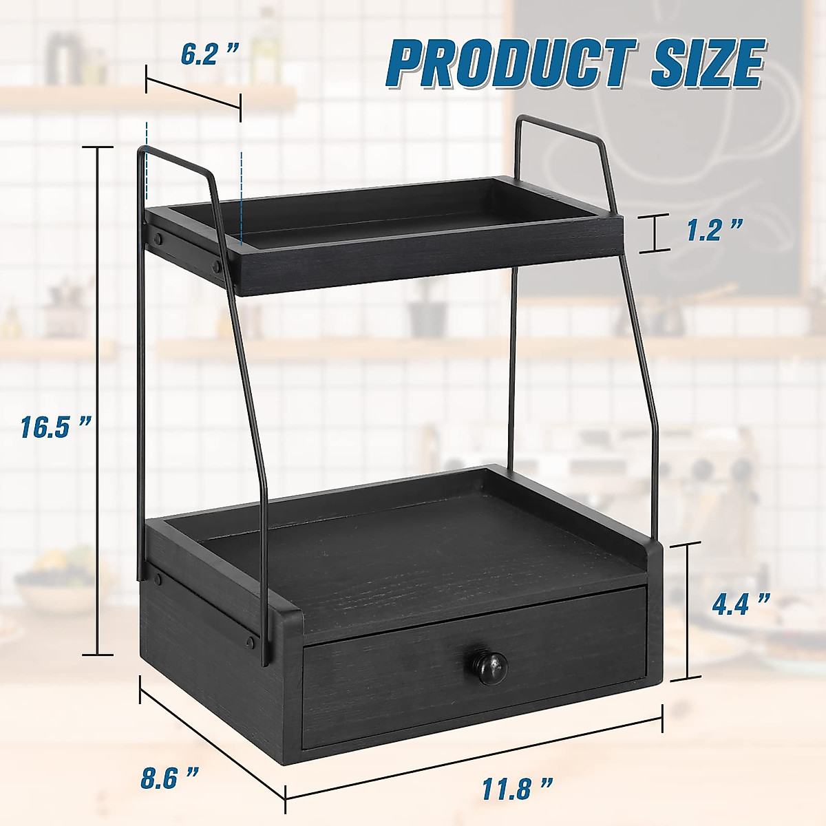 Rustic 2 Tier Coffee Bar Accessories Organizer Countertop, Coffee Station Organizer with Drawer, Coffee Pods Holder Condiment Organizer, Wood Countertop Shelf for Kitchen Spice Bathroom Organizer