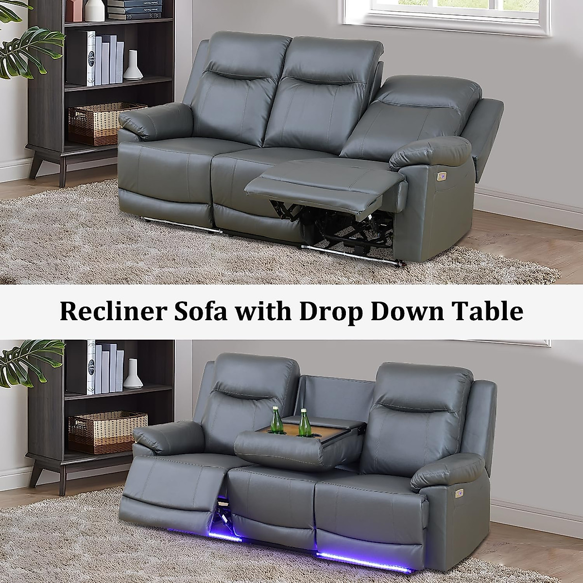 AYCP 1PC Electric Power Recliner Sofa Living Room Furniture, Air Leather Upholstery, USB 2.0 Charging Ports, LED Light Strips, Fold-Down Table & Cupholders (Dark Grey, Sofa), (NGS4791)