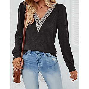 ZESICA Women's 2024 Casual Long Sleeve T Shirts Lace V Neck Trendy Basic Tops Summer Fall Tee Blouse,Black,Medium