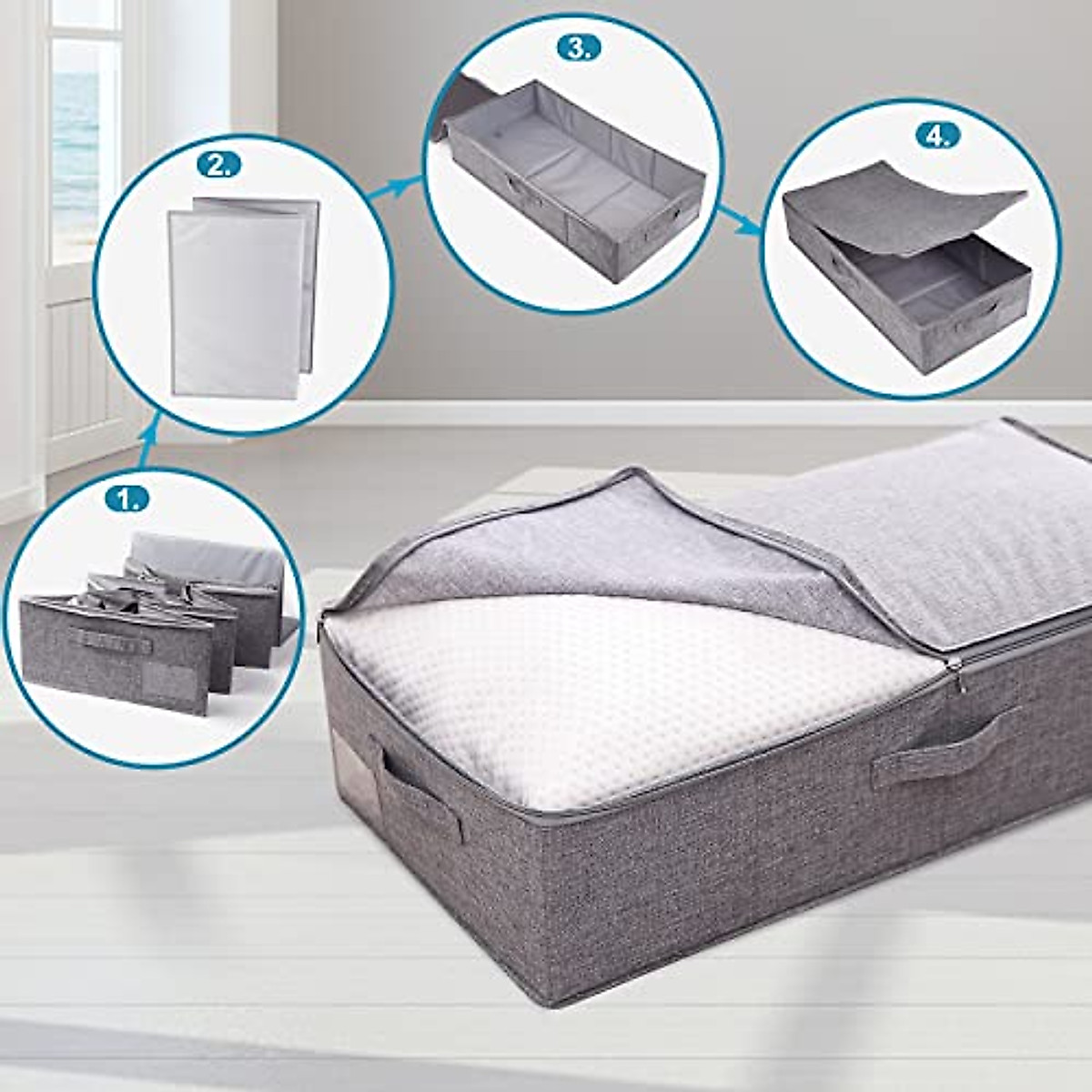 Sillars Under Bed Storage, Foldable Under Bed Storage Containers with Sturdy Structure for Organizing Clothes, 2 Pack, Grey, 30"L x 15"W x 6.7"H