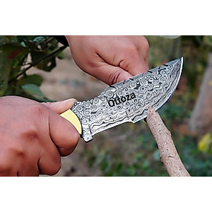 Ottoza Tracker Knife & Bone Handle - Damascus Hunting Knife - Horizontal Carry Knife Sheath 256