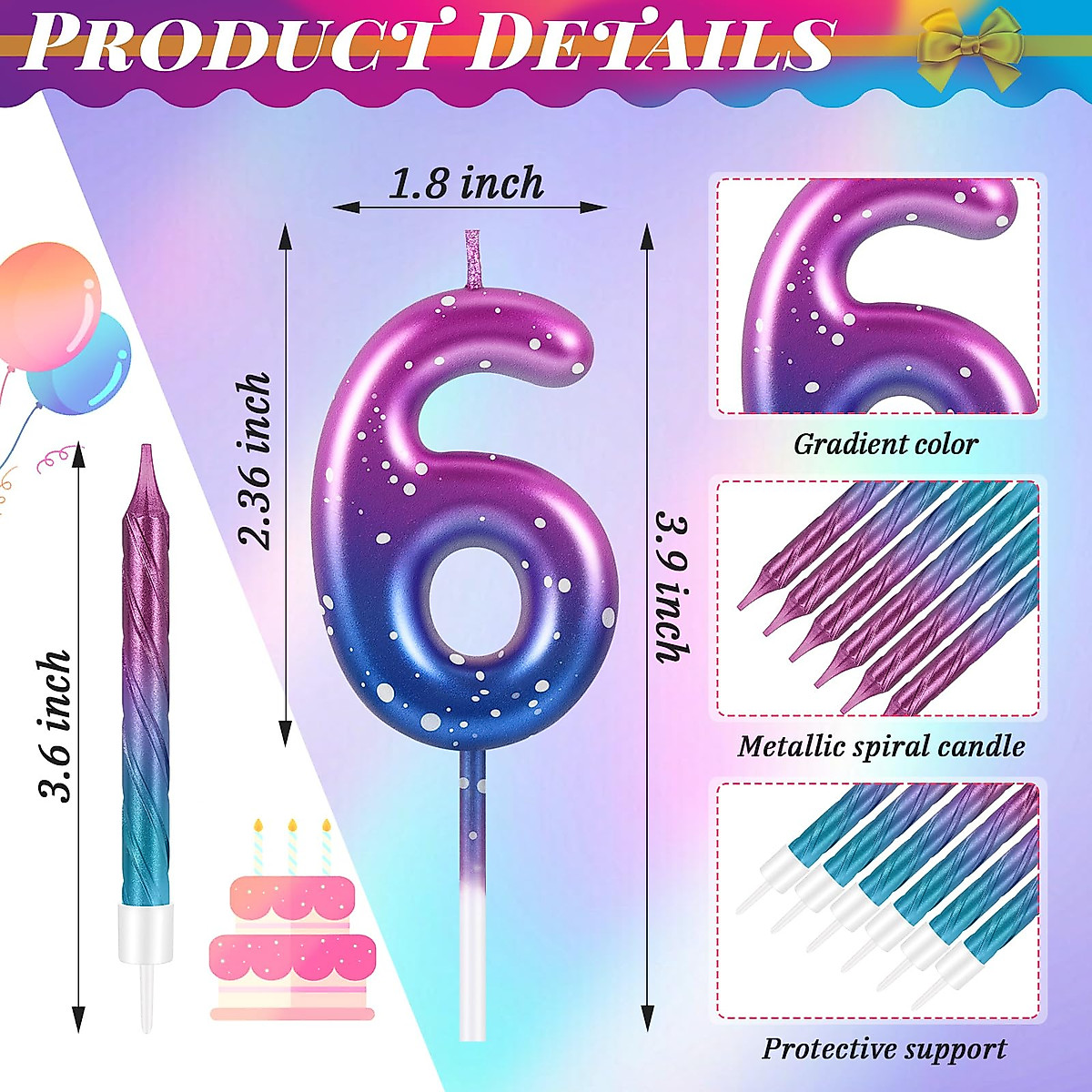 Landhoow 2.36 Inch Birthday Candles Purple to Blue Gradient Candle with 12 Pcs Gradient Spiral Candle for Baby Birthday Cake Topper Anniversary Wedding Party Decor (Number 6)