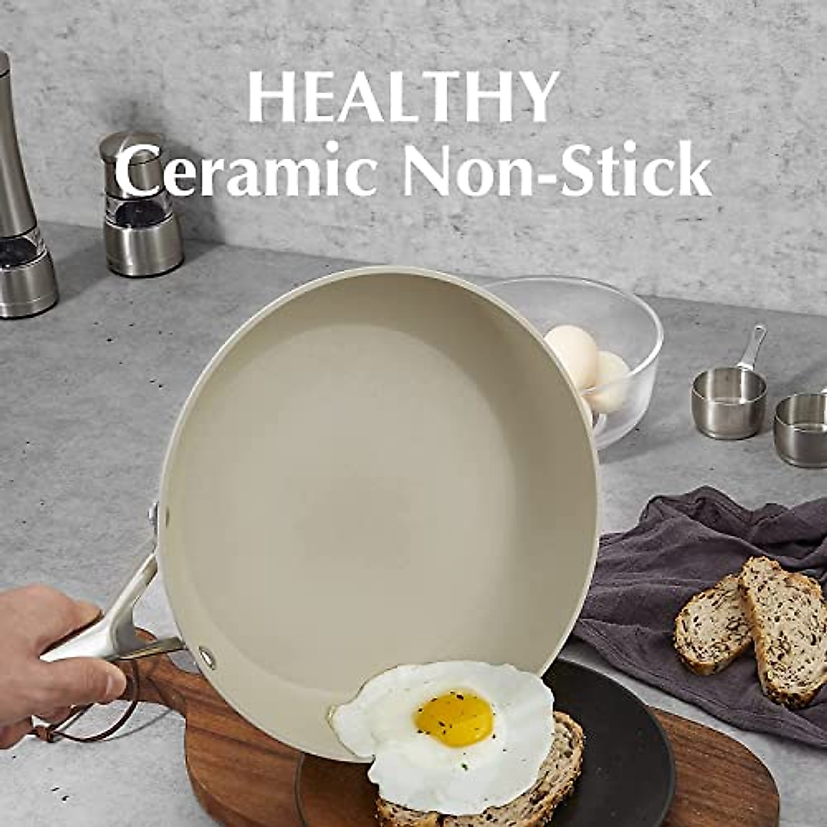 ROCKURWOK 3 Pcs Frying Pan Set, Hard Ceramic Nonstick Cookware Set, 8in/10in Omelet Pan, 12in Skillet, Inducton, Dishwasher & Ovens Safe, Free of PFAS & PTFE, White