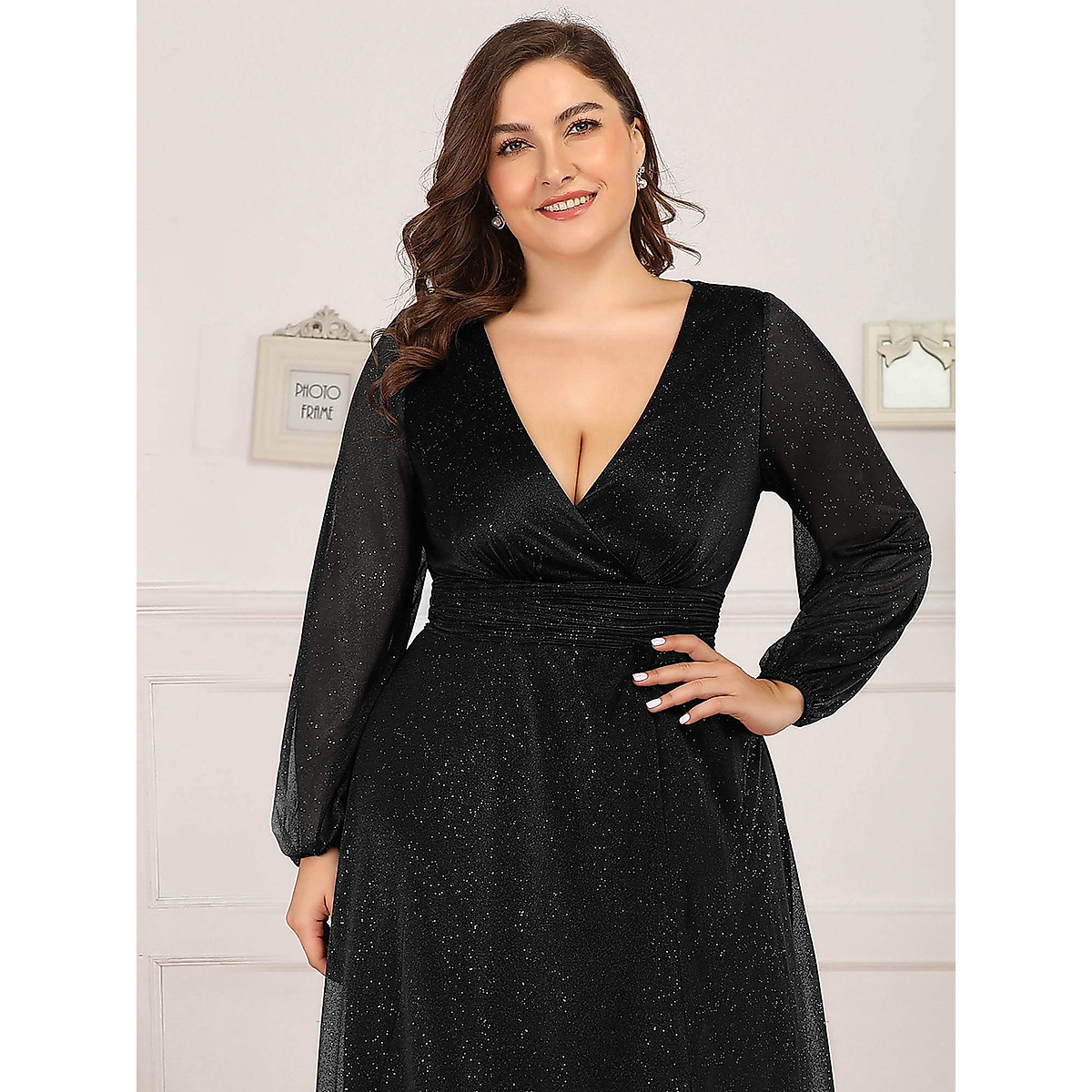 Ever-Pretty Women's Glitter A Line High Slit V-Neck Plus Size Formal Gowns and Evening Dresses Black US20