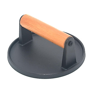 Kitchen Tools Heavy Duty Cast Iron Grill Press Burger Press Bacon Press Barbecue Press Meat Press Burger Smasher Griddle Press Round Flat Press with Anti Scalding Wooden Handle (5.7")