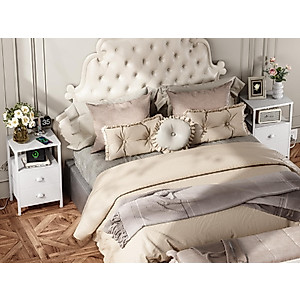 Furologee Nightstands Set of 2, End Tables Set of 2 with Charging Station and LED Lights, White Night Stands with 2 Fabric Drawers, Bedside Tables for Living Room/Bedroom