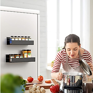Boswillon 2 Pack Magnetic Spice Rack for Refrigerator, Moveable Seasoning Spice Organizer for Fridge and Microwave Oven, Strong Magnet Metal Black Shelves for Kitchen Storage Organization - Black