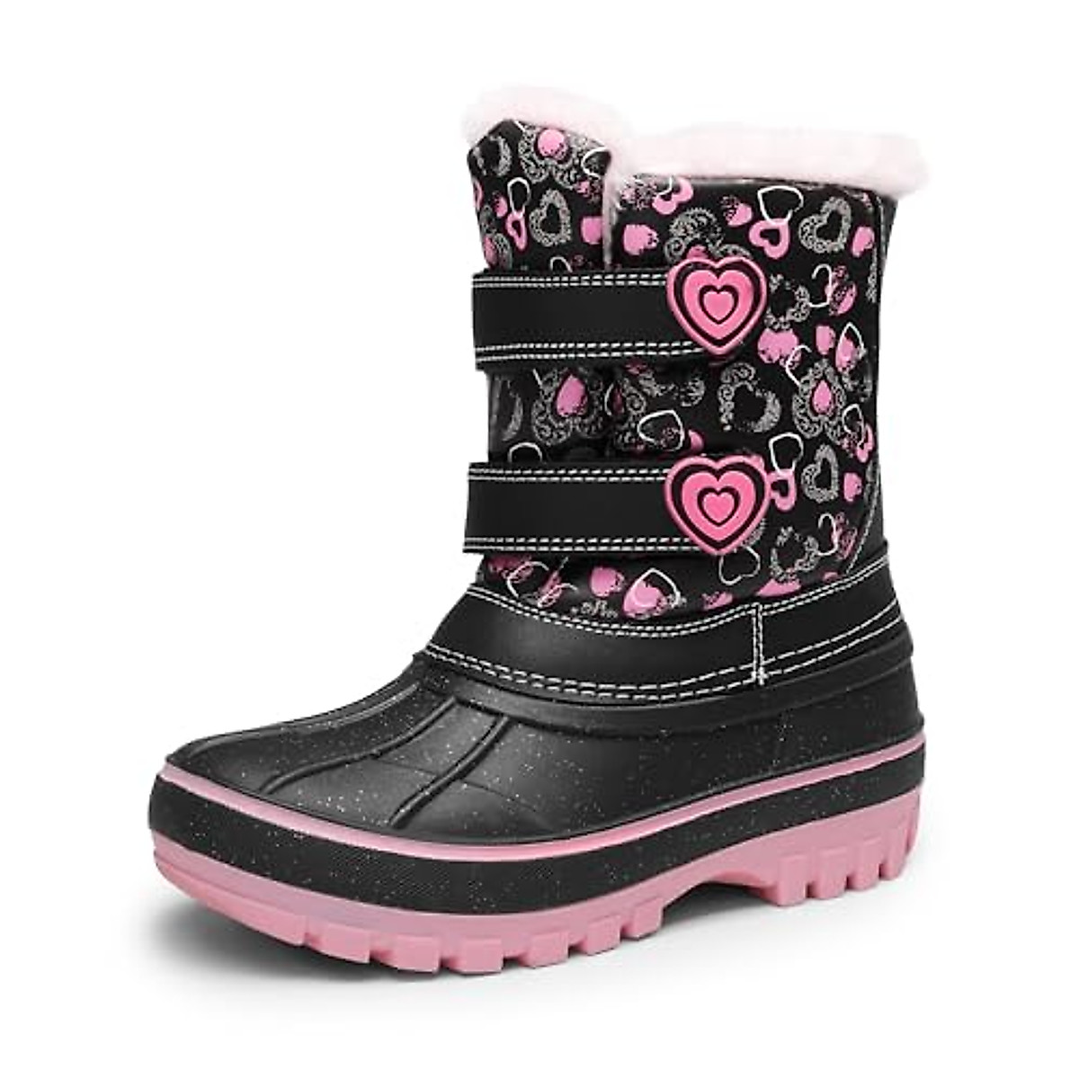 DREAM PAIRS Boys Girls Snow Boots Water-Resistant Outdoor Sport Warm Cozy Anti-Slip Cute Ankle Winter Shoes for Toddler/Little/Big Kid,Size 1 Little Kid,Black/Pink,DUCKO