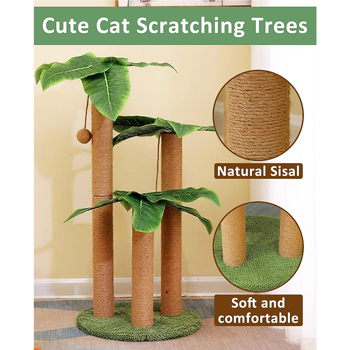 BNOSDM 35" Tall Cat Scratching Posts for Adult Cats Coconut Tree 3 Sisal Rope Claw Scratcher Dangling Ball Kitten Scratch Post Kitty Activity Center for Indoor Outdoor Cats Kittens
