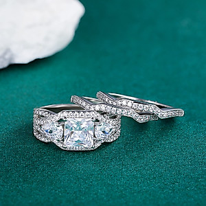 MDFUN Three-In-One Square Wedding Engagement Ring,18K White Gold Plated Cubic Zirconia Promise Eternity Ring for Women (8)