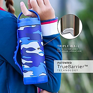Elemental Iconic Pop Kids Water Bottle for School Girls and Boys | Triple Insulated Stainless Steel Thermos with Straw Lid & Fidget Handle | Flask Water Bottle | BPA free Tumbler, 14oz - Blue Camo