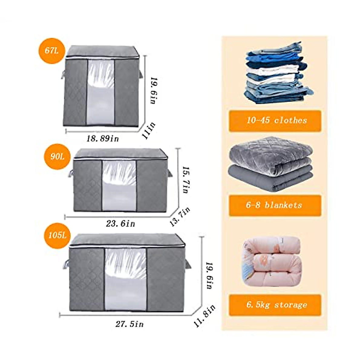 Large Clothes Storage Bag Foldable With Bed Bottom Storage Box,260l 3-Pack Clothes Storage Bag,3 Different Large Sizes For Toys, Blankets, Quilts, Clothes And Other Supplies, Gray